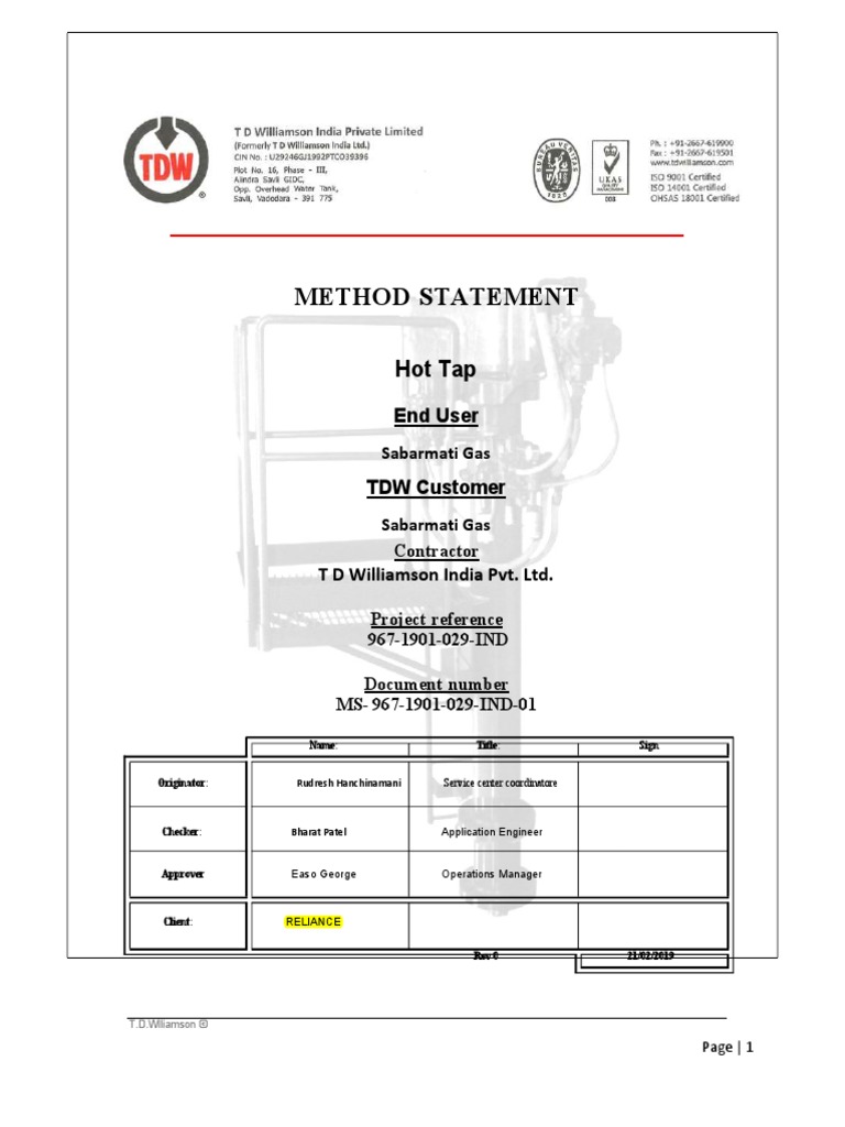 Method Statement: Hot Tap | PDF | Crane (Machine) | Valve