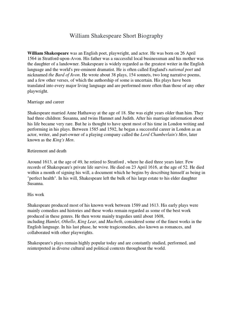 William Shakespeare Short Biography | PDF | William Shakespeare | Poetry