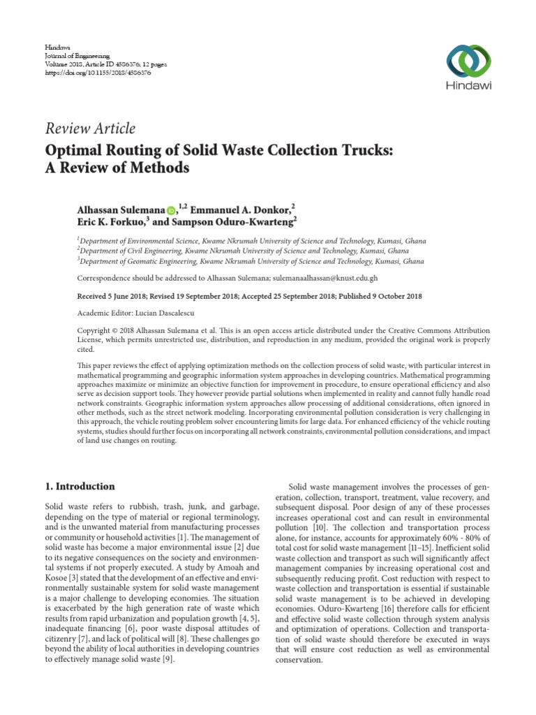 Review Article: Optimal Routing of Solid Waste Collection Trucks: A Review of Methods | PDF ...