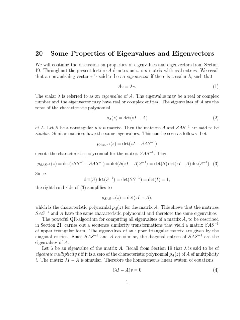 20 Some Properties of Eigenvalues and Eigenvectors | PDF | Eigenvalues ...