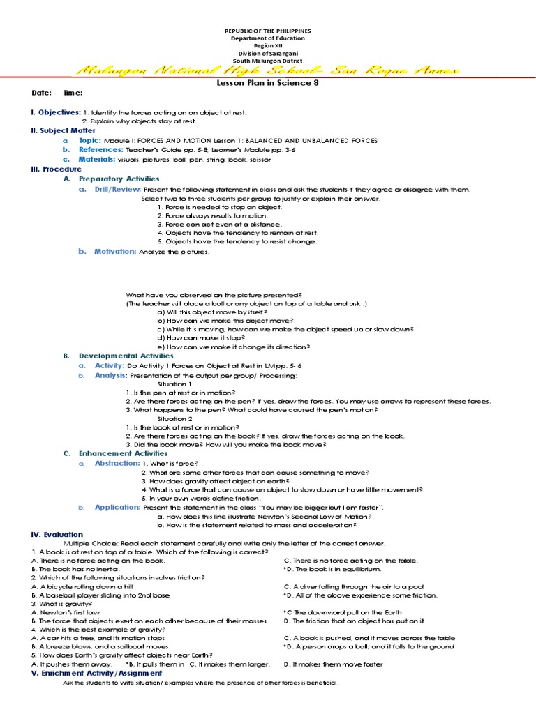 Lesson Plan in Science 1 | PDF | Force | Mechanics