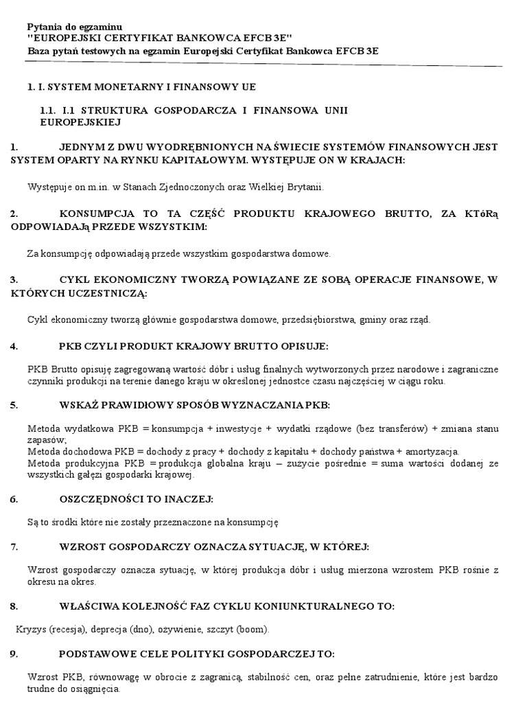 Pytania Egzaminacyjne Europejski Certyfikat Bankowca EFCB 3E | PDF