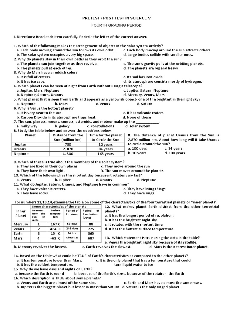 Solar System Quiz for 6th Graders | PDF | Planets | Sun