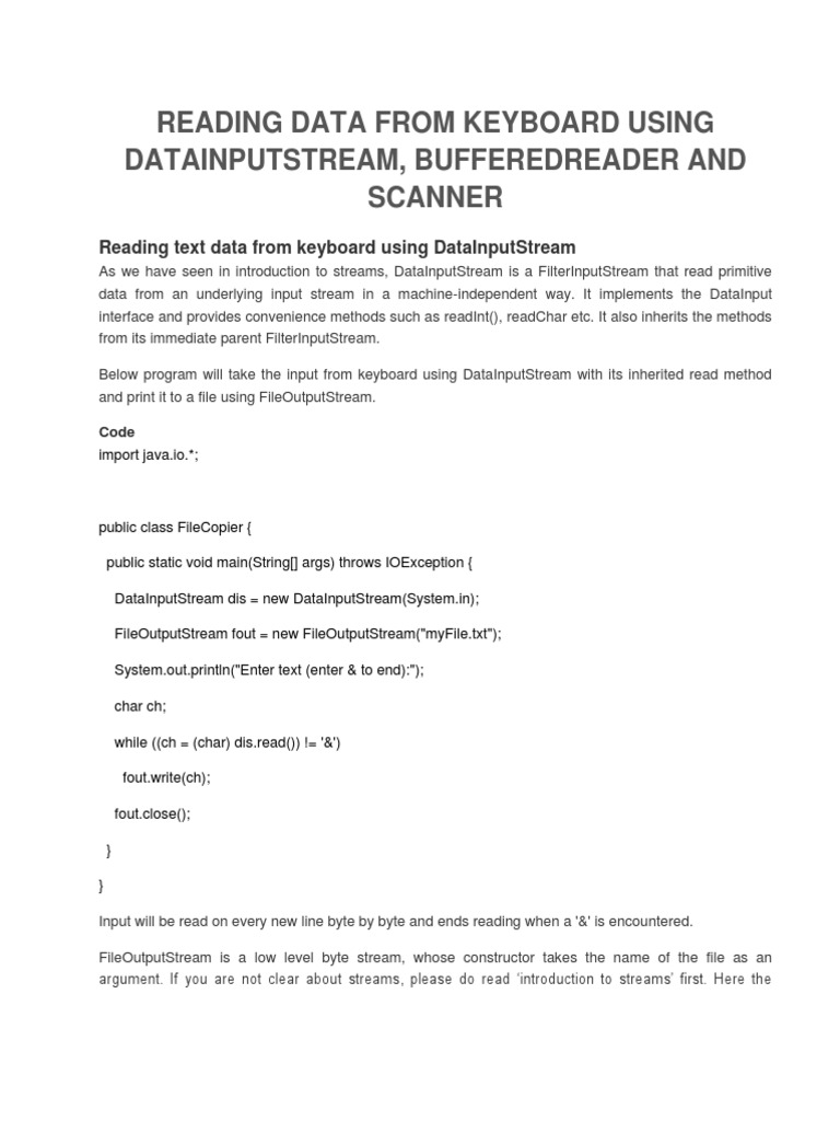 Reading Data From Keyboard Using DataInputStream BufferedReader and Scanner | PDF | String ...