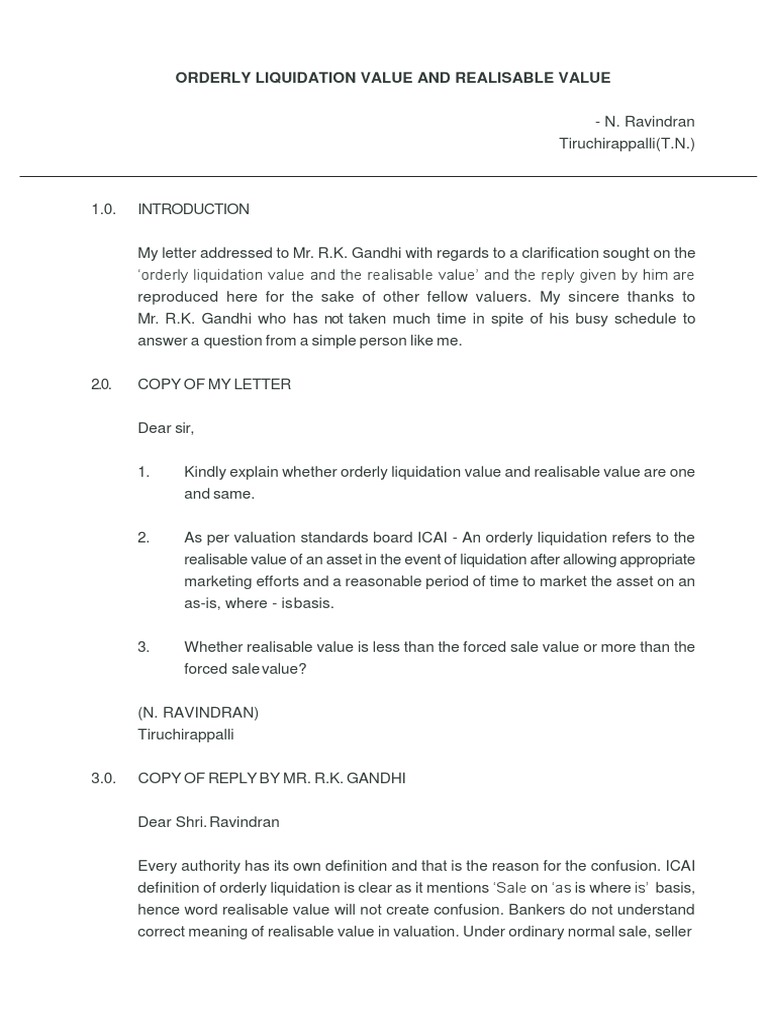 Orderly Liquidation Value and Realisable Value PDF | PDF | Valuation ...