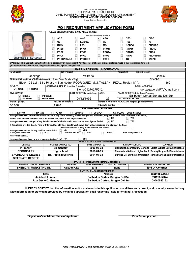 Po1 Recruitment Application Form | PDF | Justice | Crime & Violence