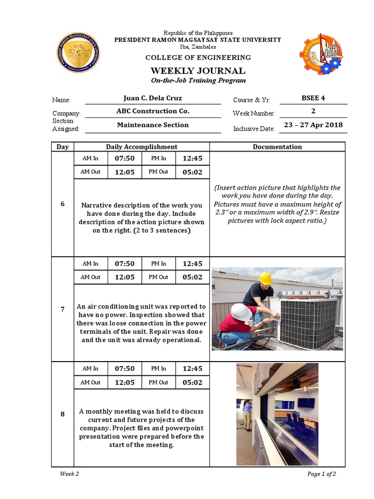 Weekly OJT Journal: BSEE Student Report | PDF | Business