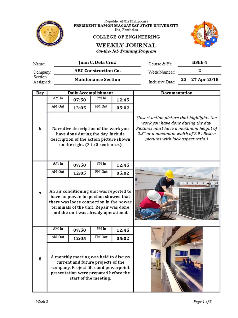 COE OJT Weekly Journal BSEE A4 Six Days | PDF | Business