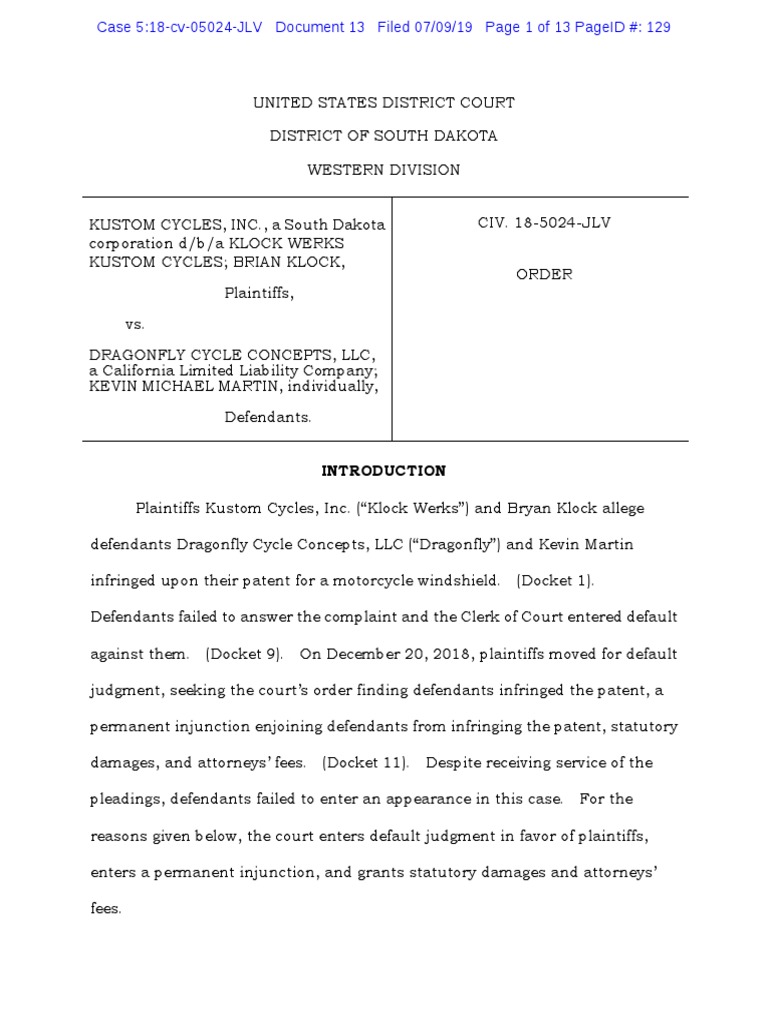 Kustom Cycles v. Dragonfly Custom Concepts - Order | PDF | Civil Law ...