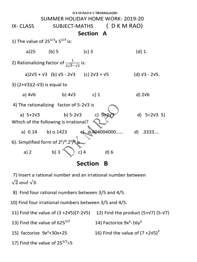 9th Class Maths Summer Holiday Homework PDF | PDF | Notation ...