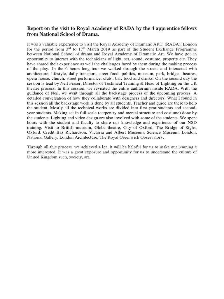Report On The Visit To Royal Academy of RADA by The 4 Apprentice ...