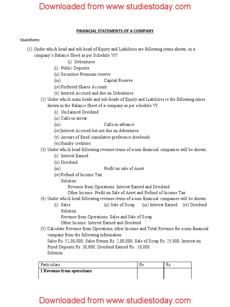 CBSE Class 12 Accountancy Financial Statements of Company PDF | PDF ...