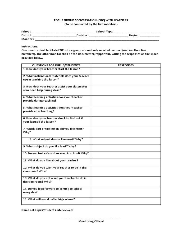 Focus Group Conversation (FGC) With Learners (To Be Conducted by The ...