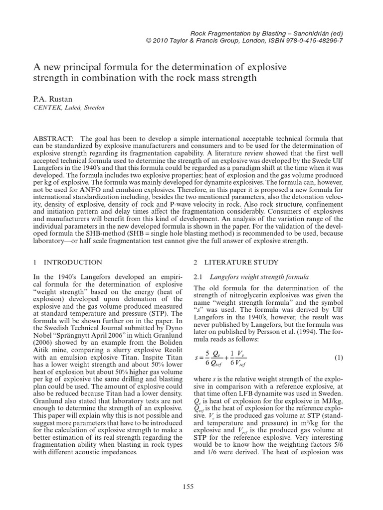 A New Principal Formula For The Determination of Explosive Strength in ...
