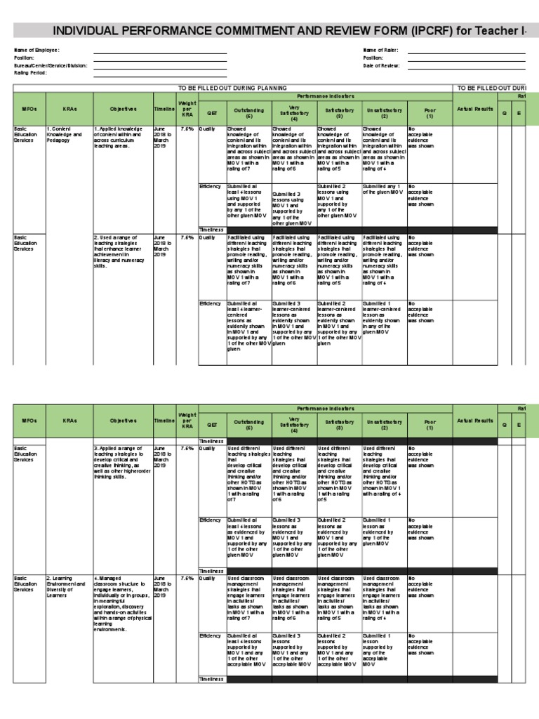Individual Performance Commitment and Review Form (Ipcrf) For Teacher I ...
