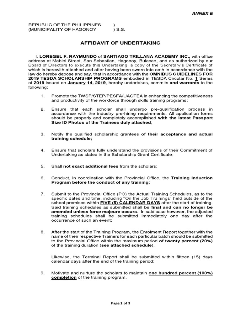 Annex E Affidavit of Undertaking 2019 Scholarships | PDF | Audit | Government Information