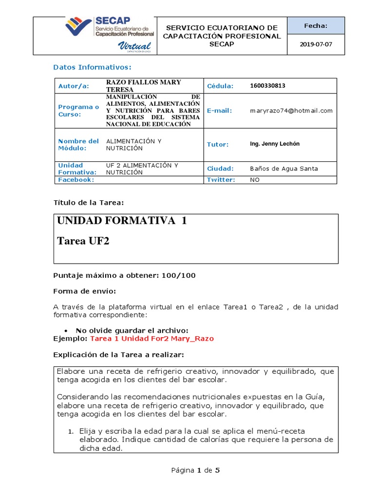 Tarea 1 Unidad F 2 - Mary - Razo PDF | PDF | Magdalena | Alimentos
