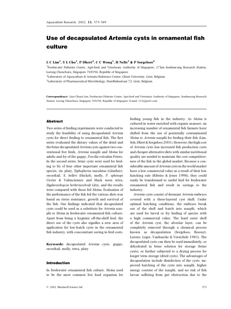 Use of Decapsulated Cysts in Ornamental Fish Culture: Artemia | PDF ...