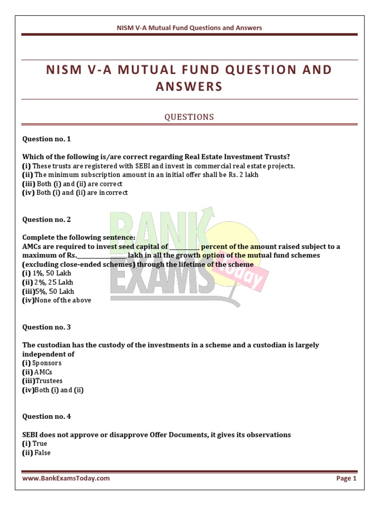 Nism V-A Mutual Fund Question and Answers: Questions | PDF | Securities ...