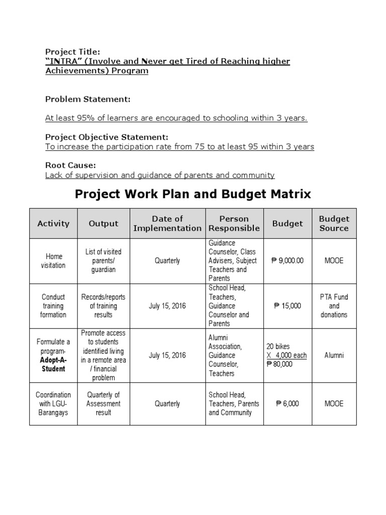 Project Work Plan and Budget Matrix | PDF | School Counselor | Applied ...