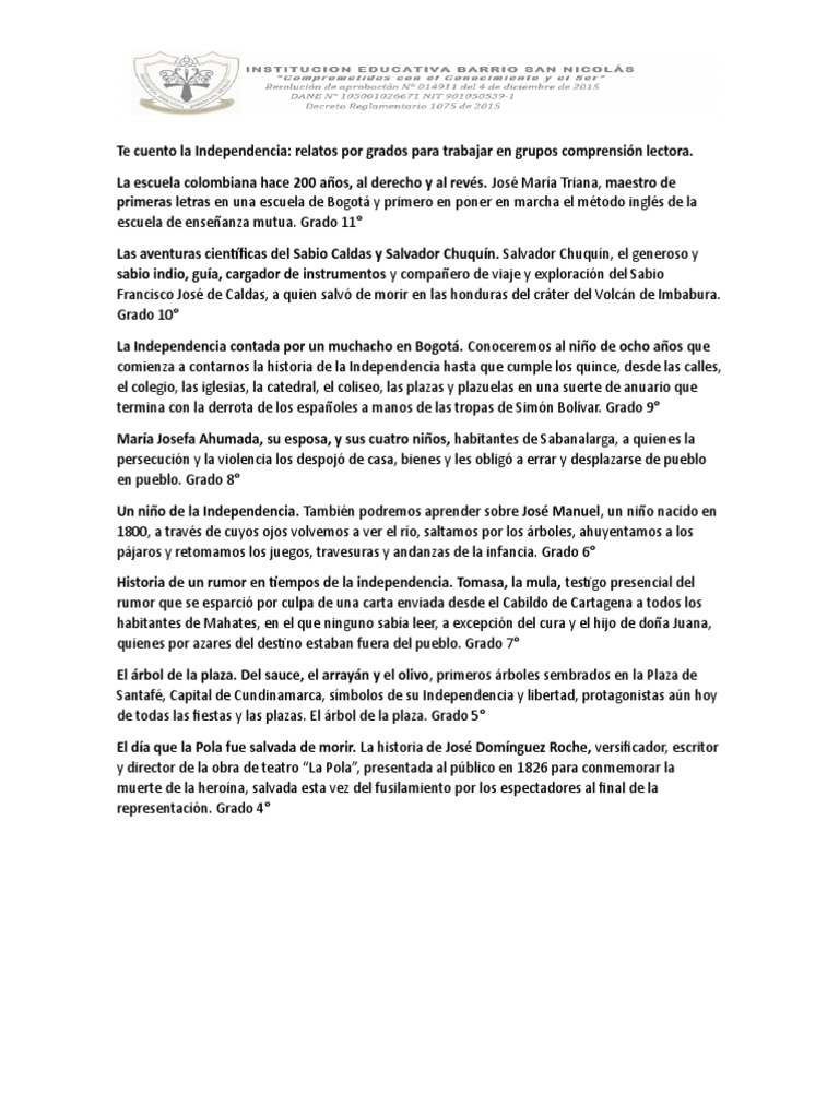 Te Cuento La Independencia - Relatos Por Grados para Trabajar en Grupos ...