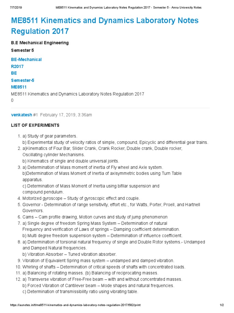 ME8511 Kinematics and Dynamics Laboratory Notes Regulation 2017 ...