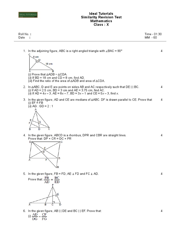 Similarity Revision Test Mathematics Class X | PDF | Area | Elementary ...