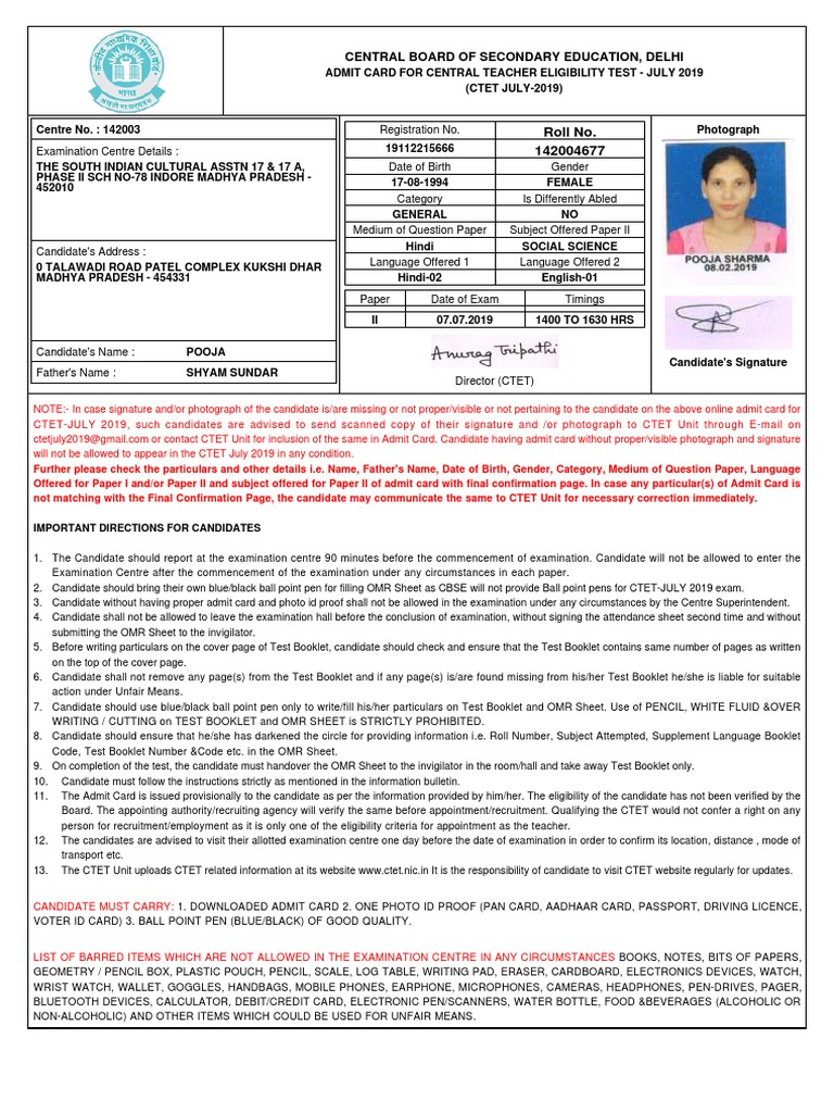 Roll No. 142004677: Central Board of Secondary Education, Delhi | PDF