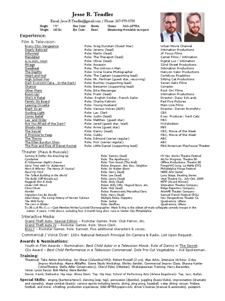 Resume of Jesse R Tendler - 2019 | PDF | Performing Arts | Entertainment