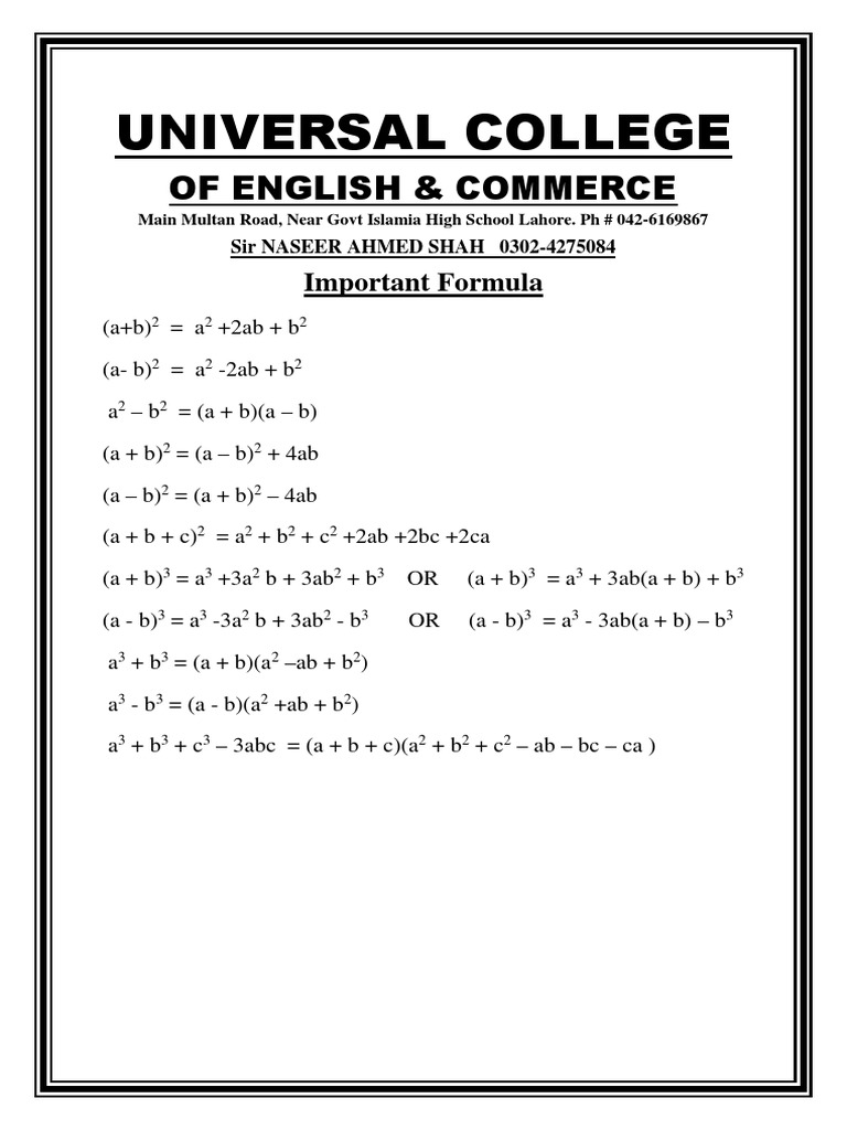 Essential Algebraic Formulas Guide | PDF | Teaching Mathematics