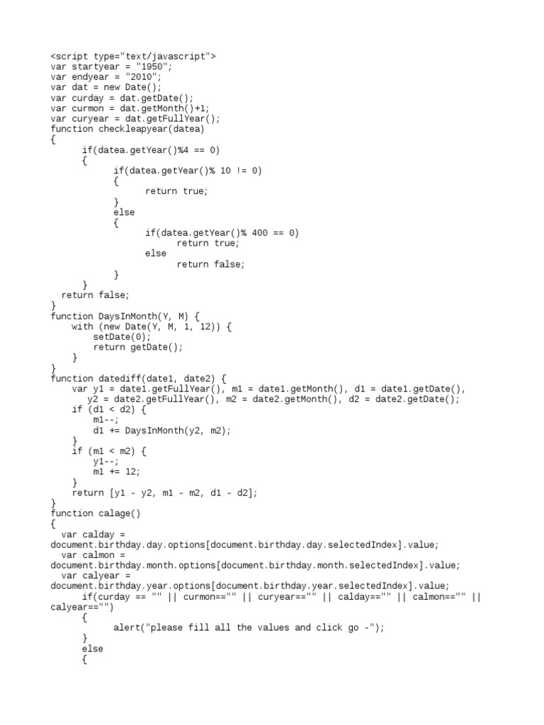 Age Calculation Code Pdf