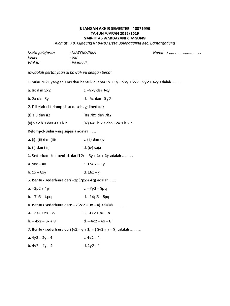 Soal Ujian MTK SMP | PDF