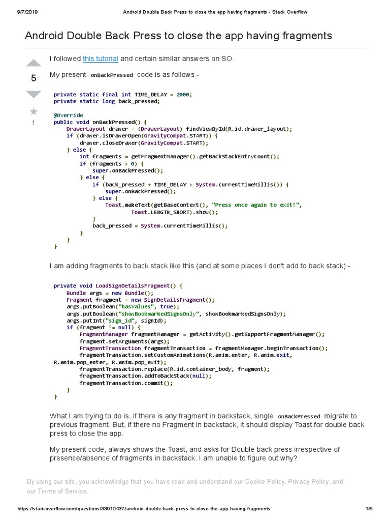 Android Double Back Press To Close The App Having Fragments Stack Overflow Pdf Pdf Boolean