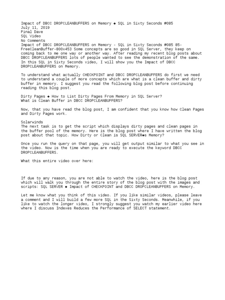 Impact of DBCC DROPCLEANBUFFERS On Memory - SQL in Sixty Seconds #085 | PDF