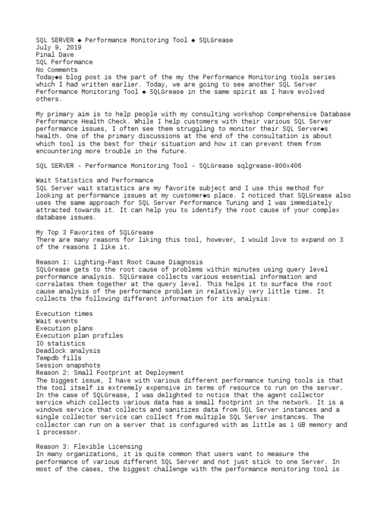 Sql Server Performance Monitoring Tool Sqlgrease Pdf Microsoft Sql Server Server