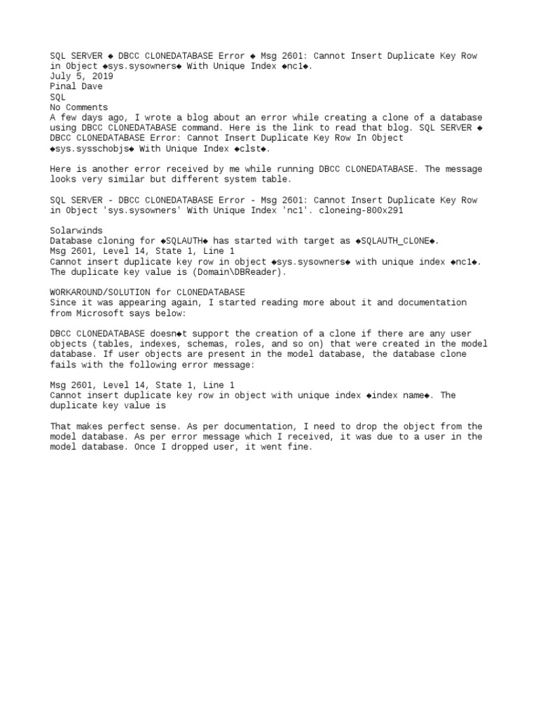 SQL Server - DBCC Clonedatabase Error - MSG 2601 | PDF | Career & Growth