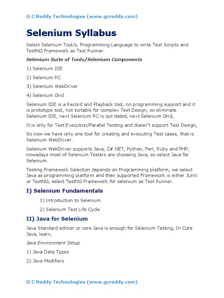 Selenium Syllabus | PDF | Selenium (Software) | Java (Programming Language)