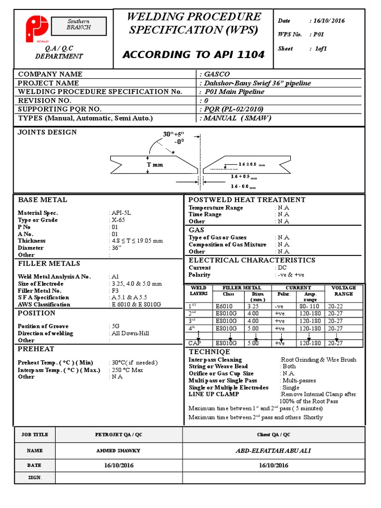 Welding Procedure Specification (WPS) : According To Api 1104 | PDF | Joining | Welding