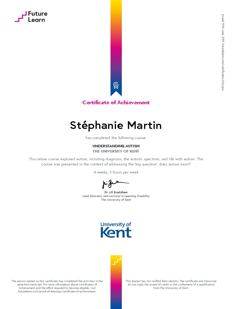 Autism Certificate of Achievement Tu1yqza | PDF | Autism | Autism Spectrum