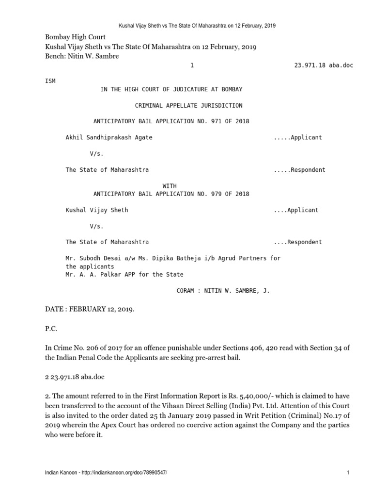 Kushal Vijay Sheth Vs The State of Maharashtra On 12 February, 2019 ...