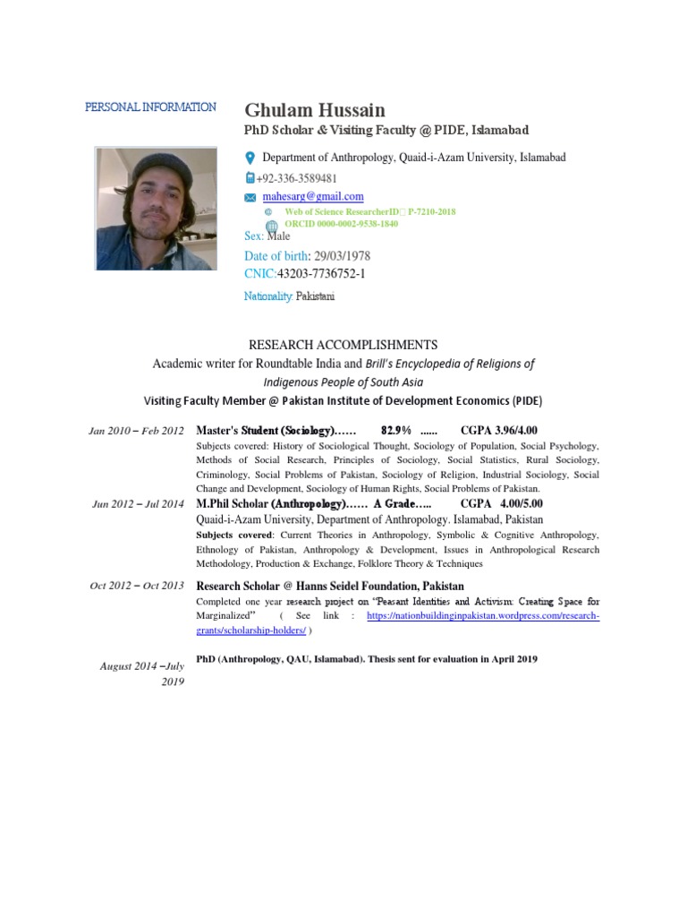 CV Ghulam Hussain | PDF | Sociology | Anthropology