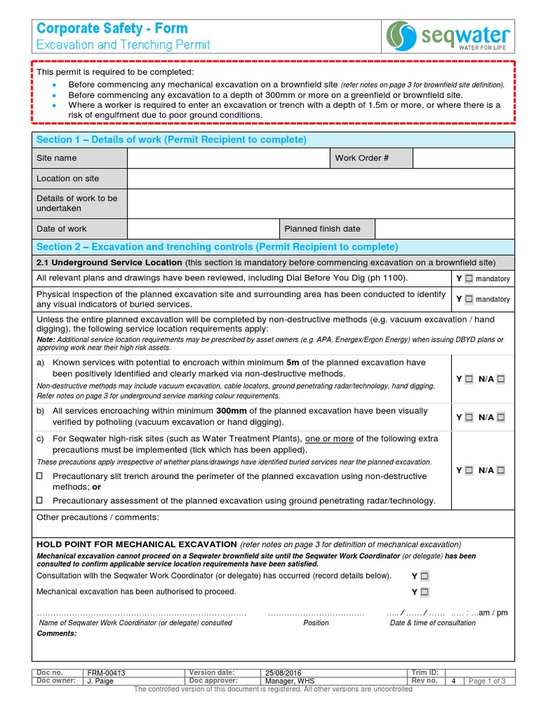 Excavation and Trenching Permit Form | PDF | Excavation (Archaeology ...