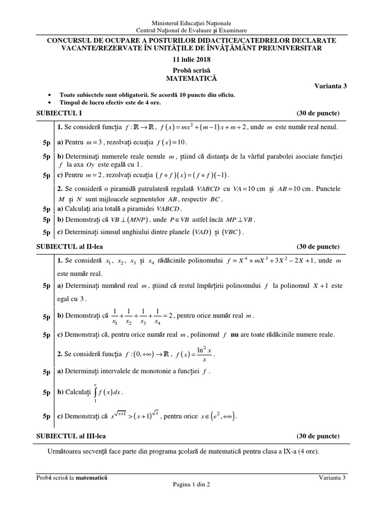 Mate - Info.ro.4379 Titularizare Matematica 2018 - Subiecte Si Barem | PDF