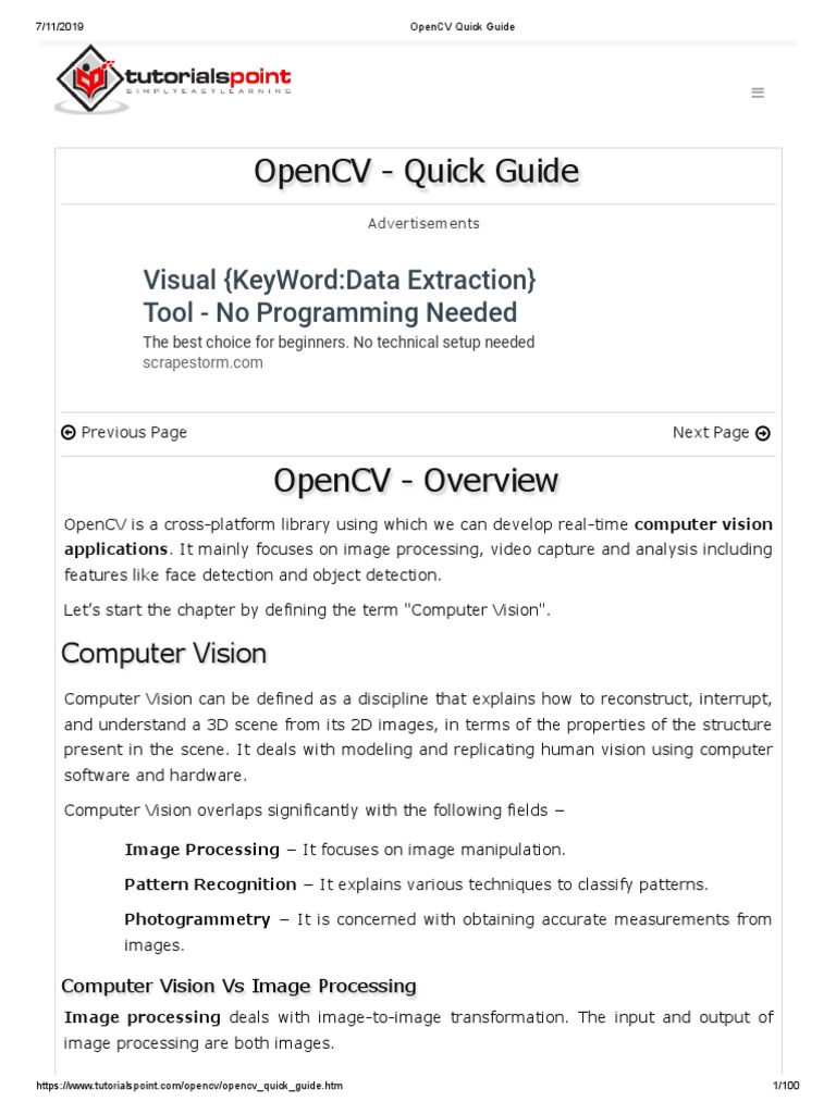 OpenCV Quick Guide | PDF | Computer Vision | Library (Computing)