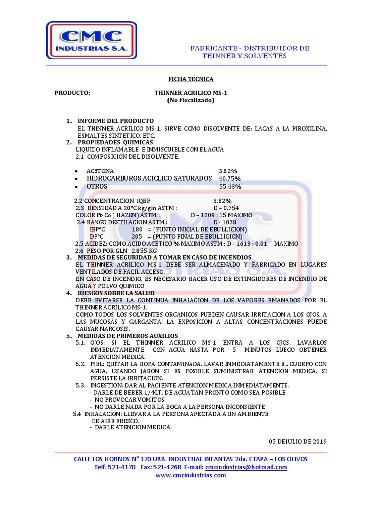 Ficha Técnica Thinner Acrilico Cmc-1 (Nuevo) 0715 | PDF | Agua | Sustancias químicas
