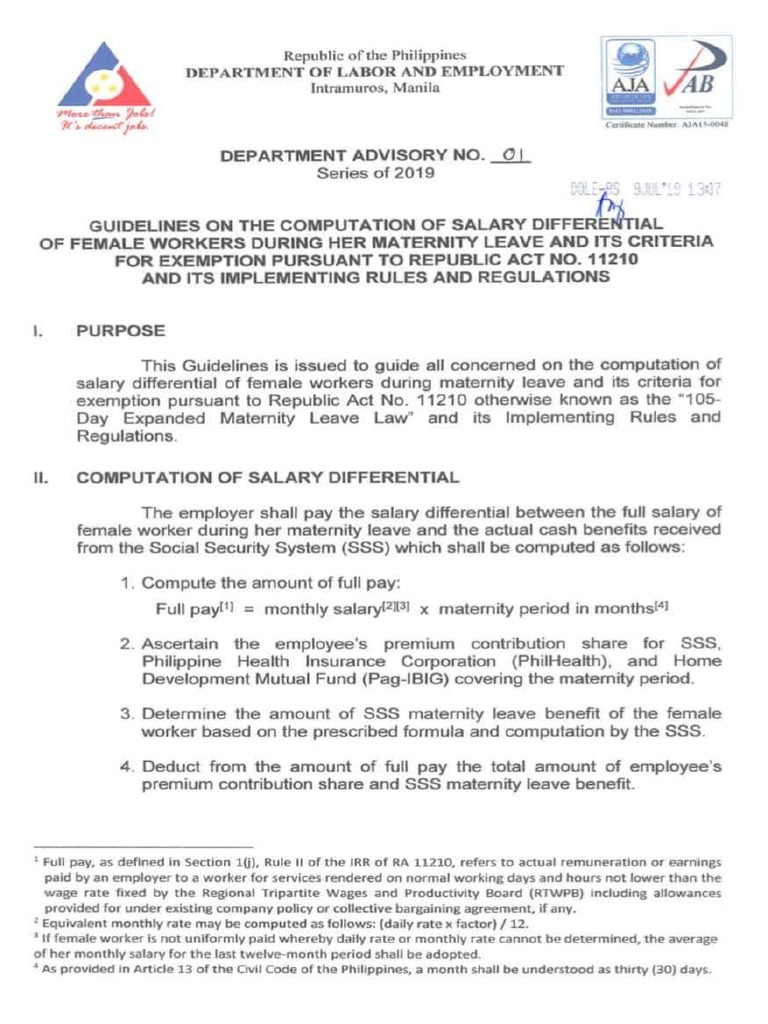 DOLE Advisory No 01 Guidelines On COmputation of Salary Differential | PDF