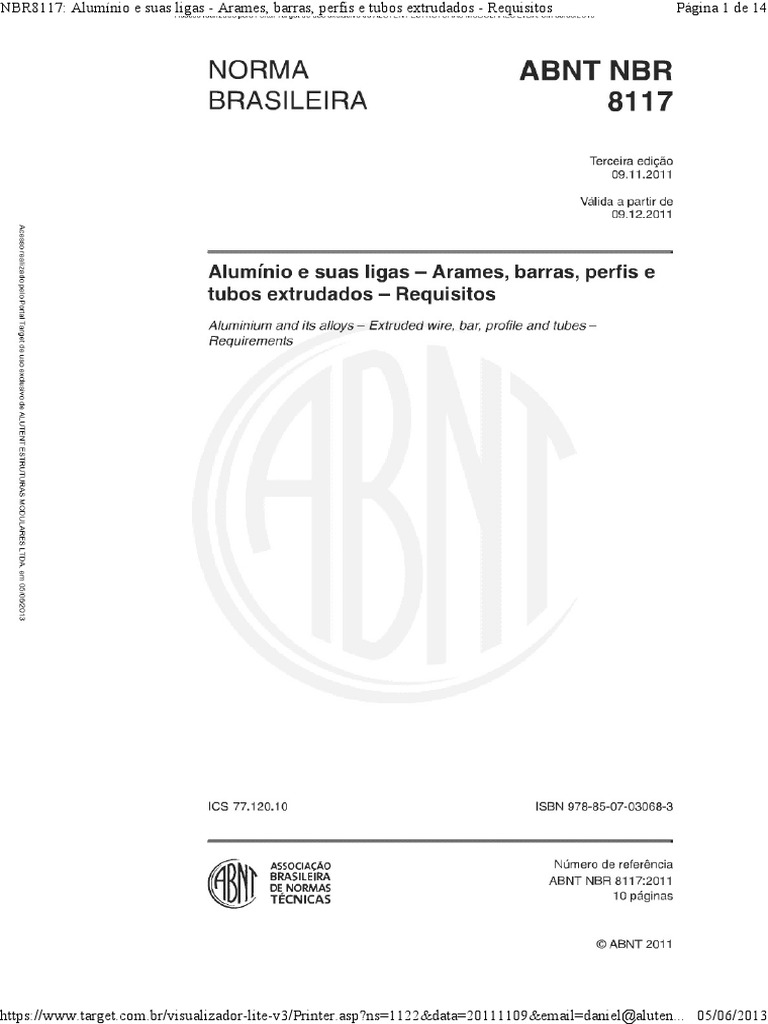 Abnt NBR 8117 (2011) - Requisitos Aluminio | PDF | Natureza
