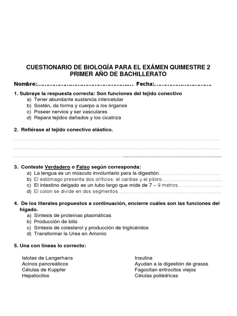 Cuestionario de Biología para PRIMERO BACHILLERATO | PDF | Hueso | Digestión