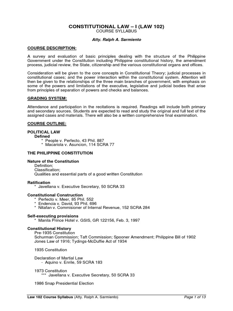 Sarmiento - Constitutional Law 1 Course Syllabus PDF | PDF | Government ... Sarmiento - Constitutional Law 1 Course Syllabus PDF | PDF | Government ...