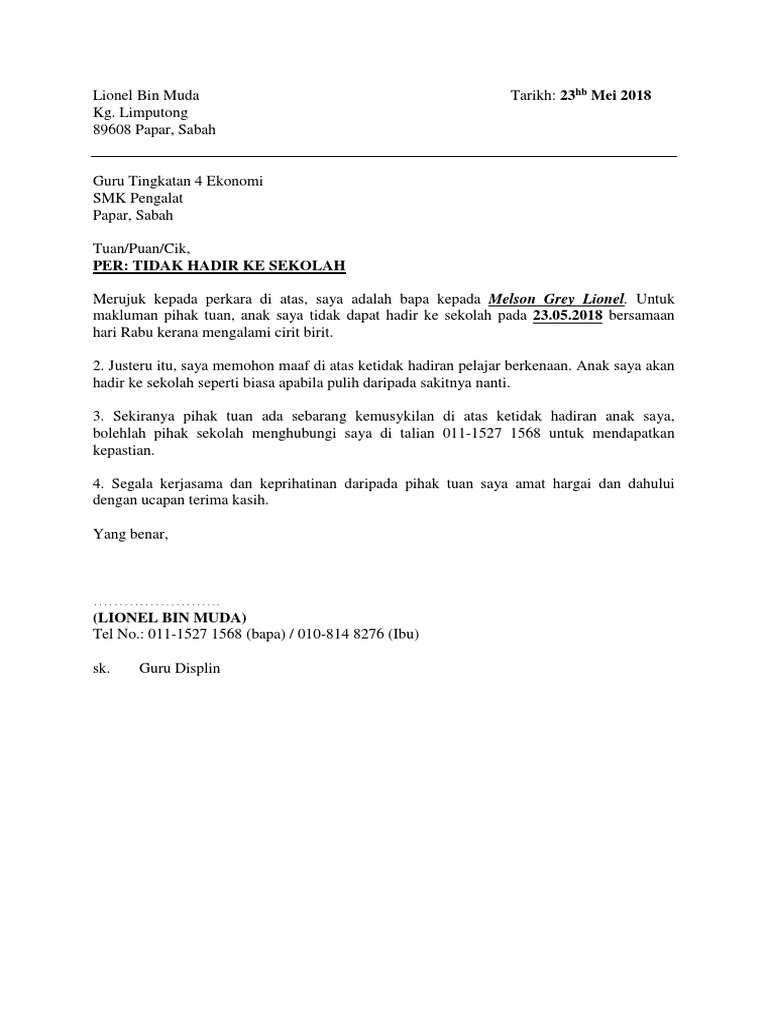 Contoh Surat Tidak Hadir Ke Sekolah Kerana Sakit Perut Tanpa Surat Doktor Atau MC | PDF